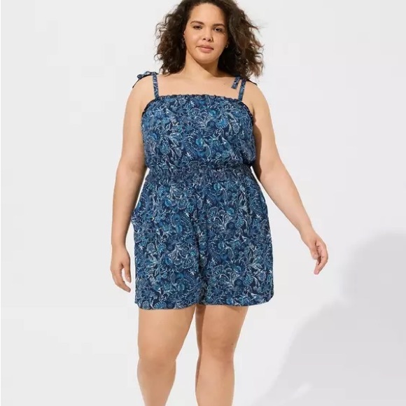 torrid | Pants & Jumpsuits | Torrid Challis 2x Blue Tie Strap Romper ...